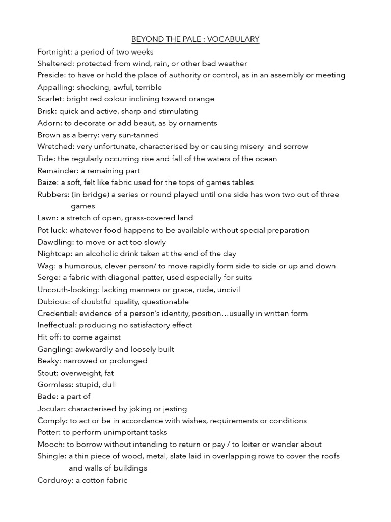 Vocabulary List from "Beyond the Pale" | PDF