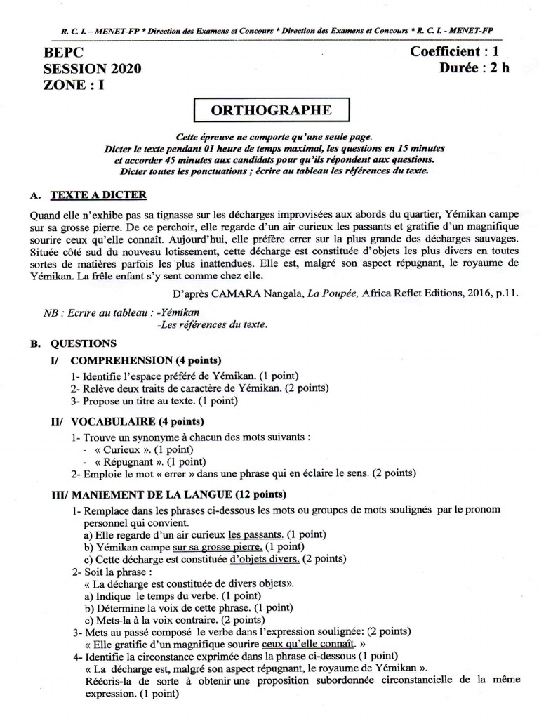 Epreuve Bepc 2020 Zone 1 Orthographe Cote D'ivoire | PDF