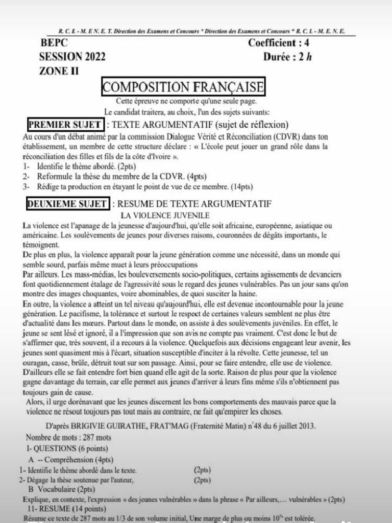 SUJET BEPC 2022 COMPOSITION FRANCAISE Zone-2 | PDF