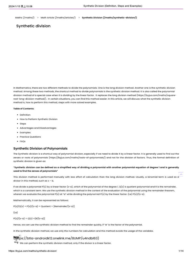 Synthetic Division: Steps & Examples | PDF | Factorization | Division ...