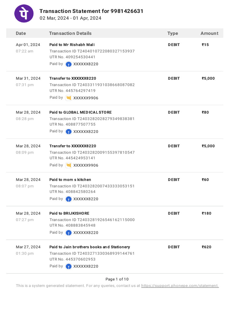 PhonePe Statement Mar2024 Apr2024 | PDF | Debit Card | Debits And Credits