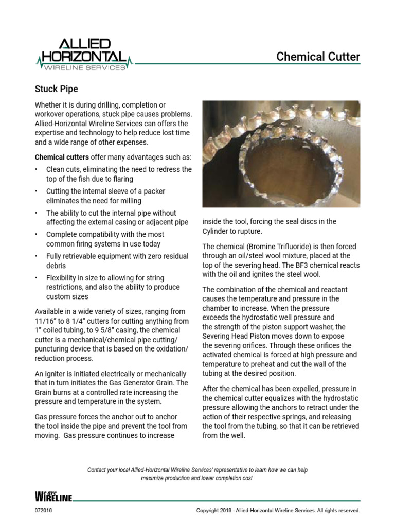 Chemical Cutter Data Sheet | PDF | Pipe (Fluid Conveyance) | Casing ...