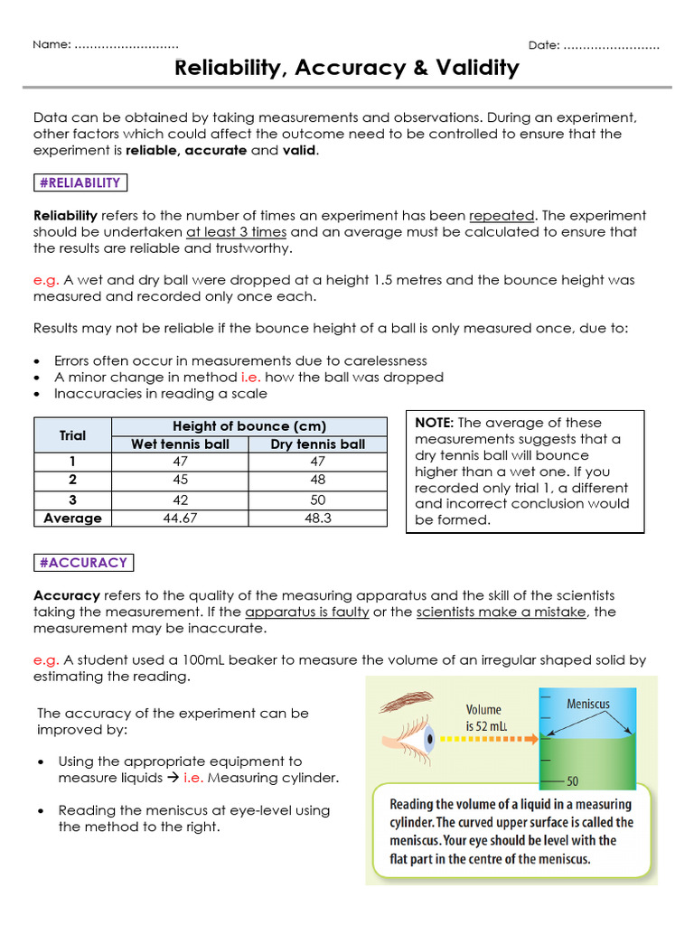 Reliability, Accuracy & Validity Worksheet | PDF | Experiment ... Reliability, Accuracy & Validity Worksheet | PDF | Experiment ...