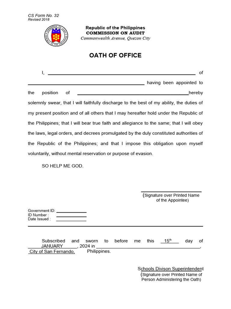 Oath of Office CS Form No. 32 2018 | PDF