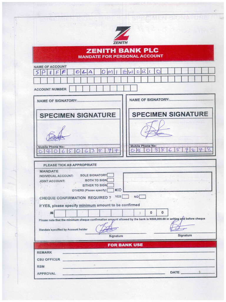 Zenith Account Mandate Form | PDF