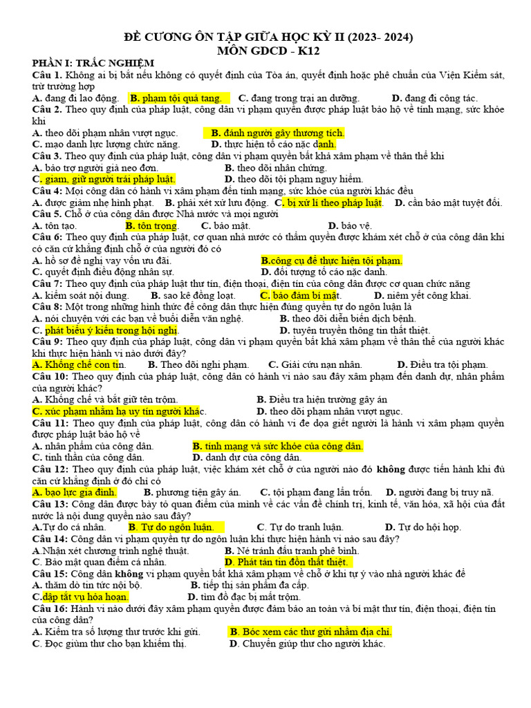 Đề Cương Giua HK2-K12 (23-24) HS | PDF