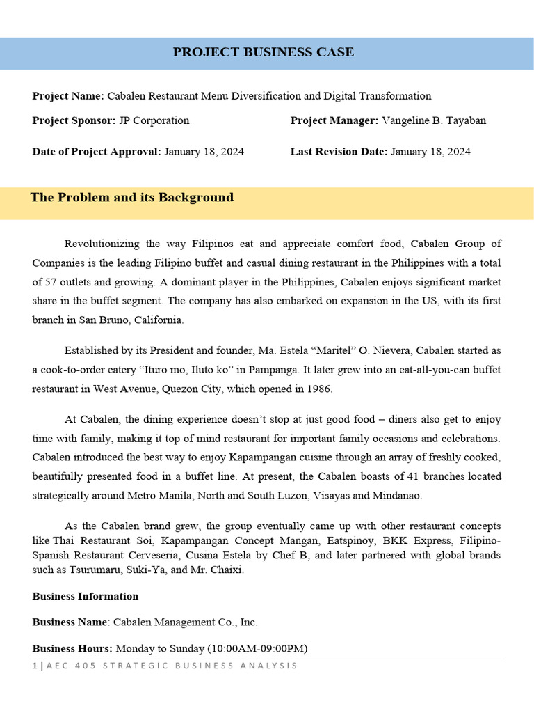 AEC 405 Business Case Study | PDF | Restaurants | Menu