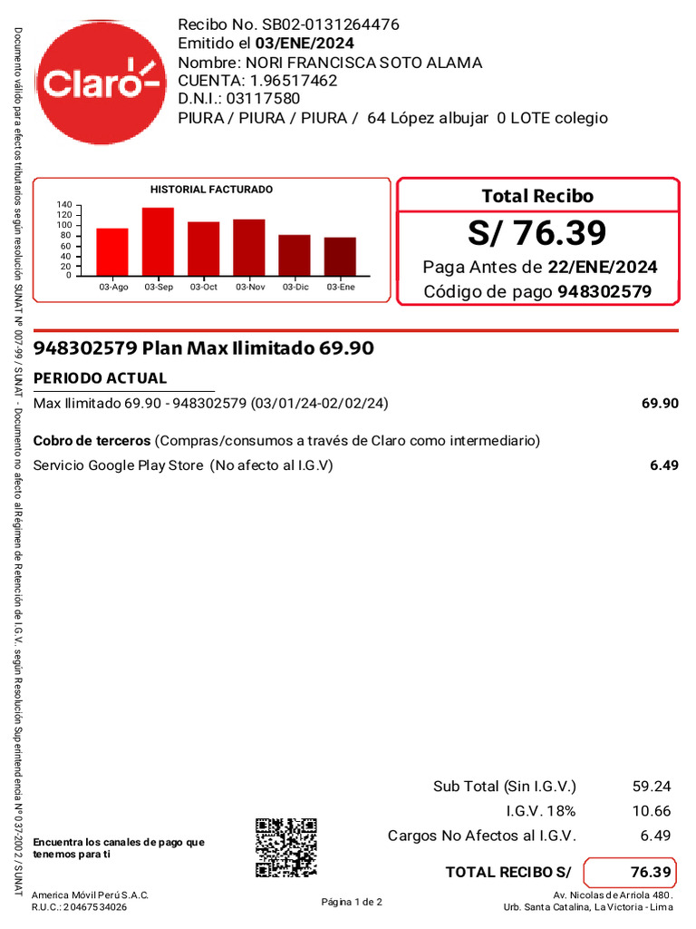 Recibo Claro: Detalles y Pagos 2024 | PDF