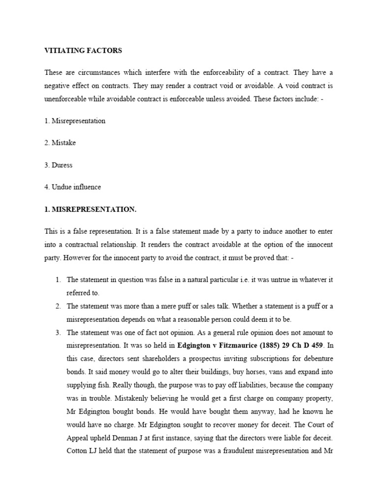 Vitiating Factors in Contract Law | PDF | Misrepresentation | Contract Law