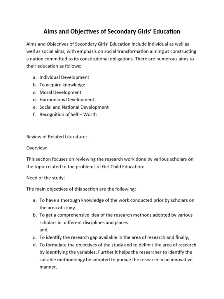 Aims and Objectives of Secondary Girls' Education | PDF