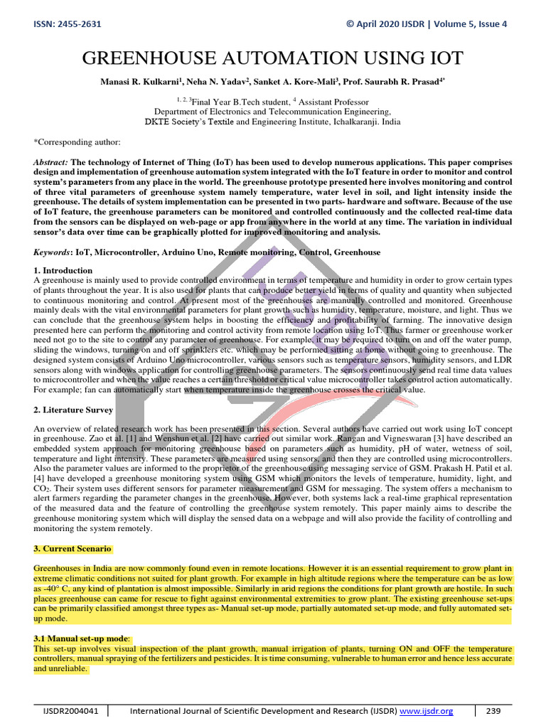 Greenhouse Automation Using Iot | PDF | Internet Of Things | Automation