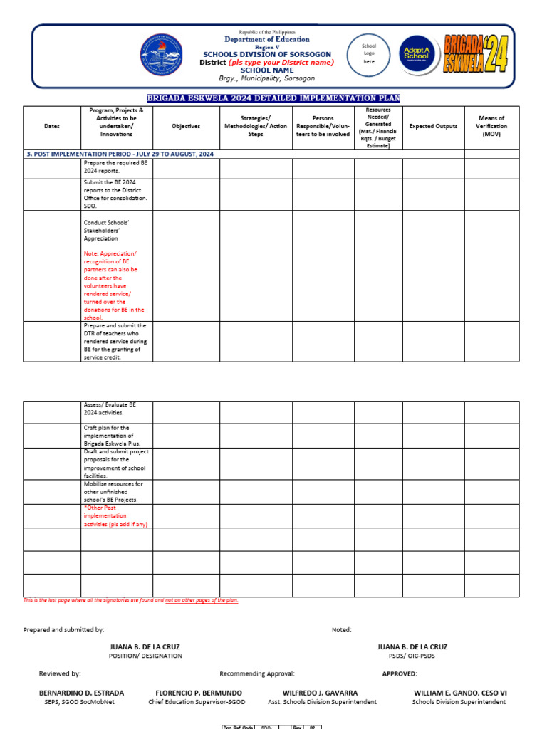 3 Be 2024 Detailed Implementation Plan Post Implementation Stage | PDF