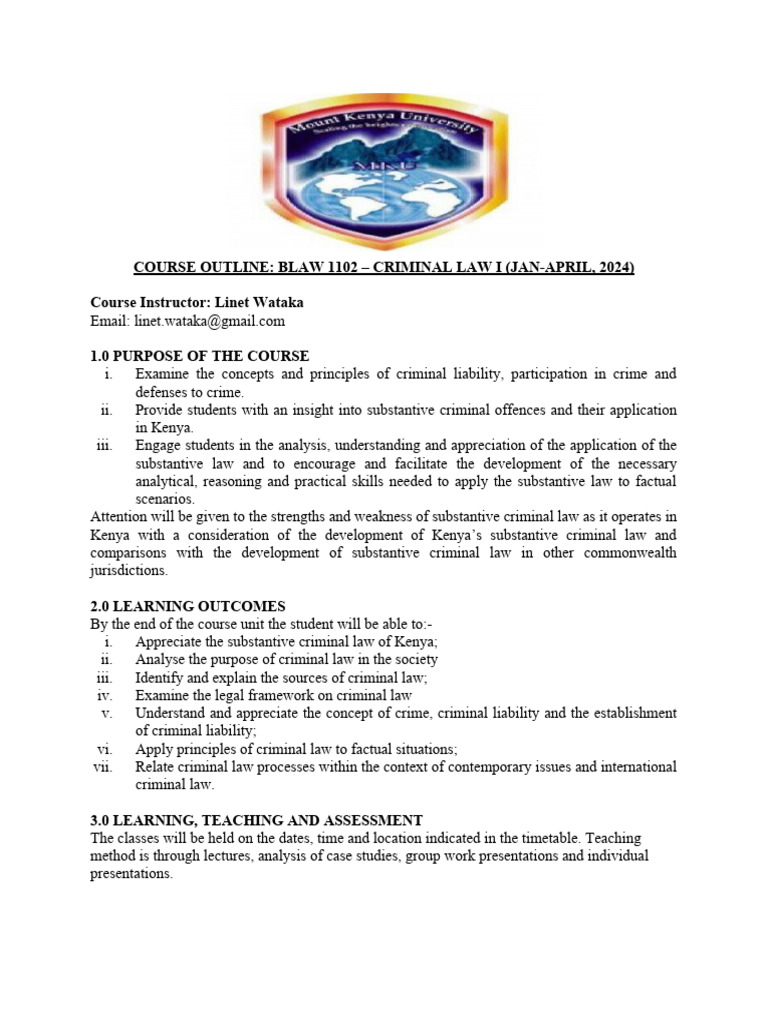 Criminal Law I Course Outline 2024 | PDF | Double Jeopardy | Crimes