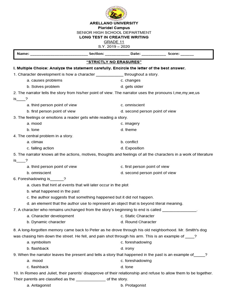 Creative Writing Long Test | PDF