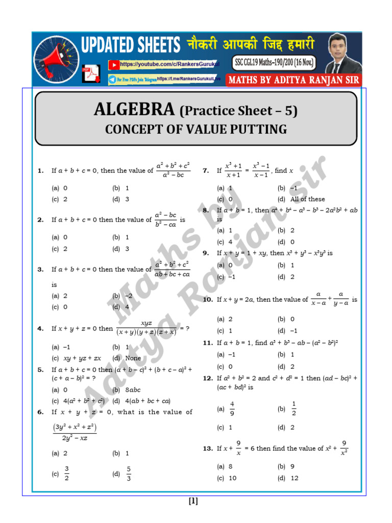 Algebra Practise Sheet-5 | PDF