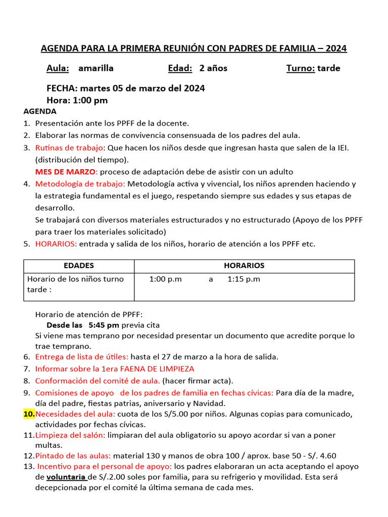 AGENDA PARA LA PRIMERA REUNIÓN CON PADRES DE FAMILIA 2024 Aula 2 Años ...