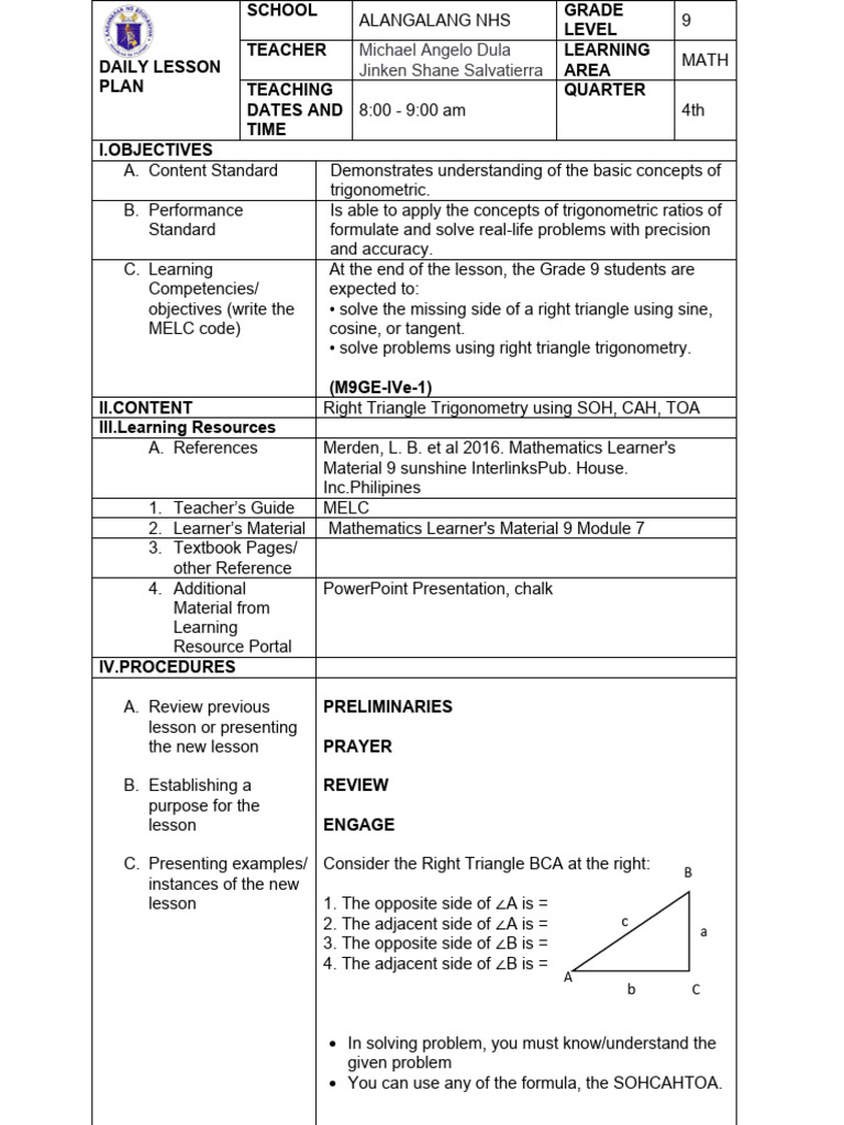 Daily Lesson Plan | PDF | Trigonometry | Trigonometric Functions