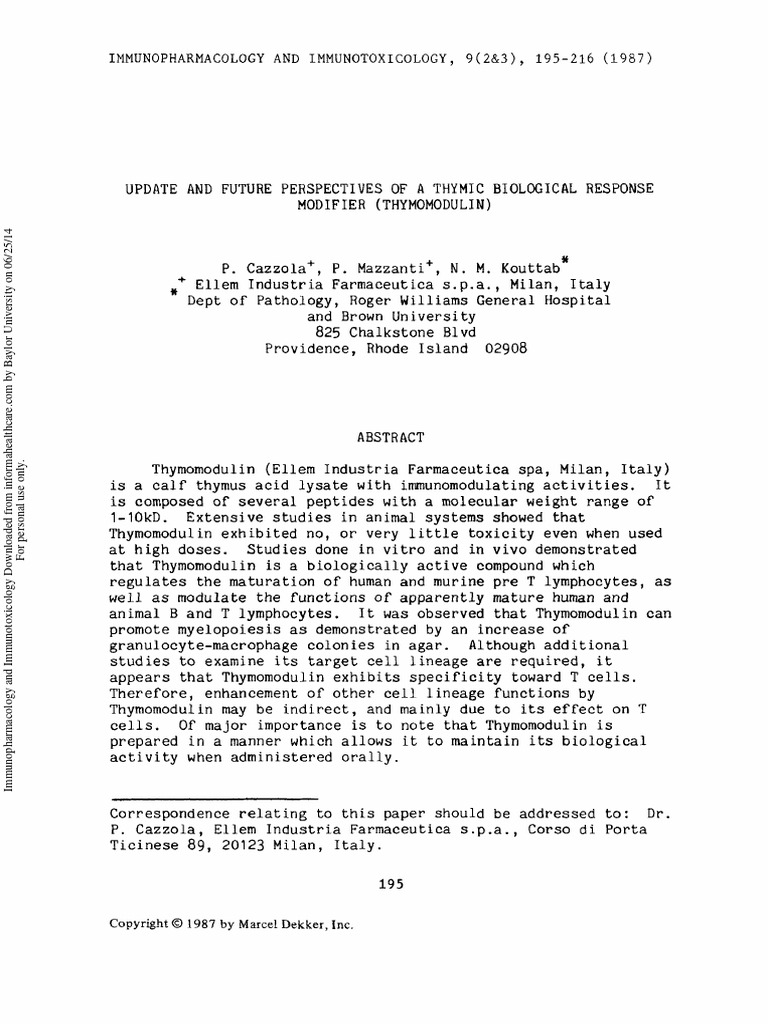 Update and Future Perspectives of A Thymic Biological Response Modifier ...