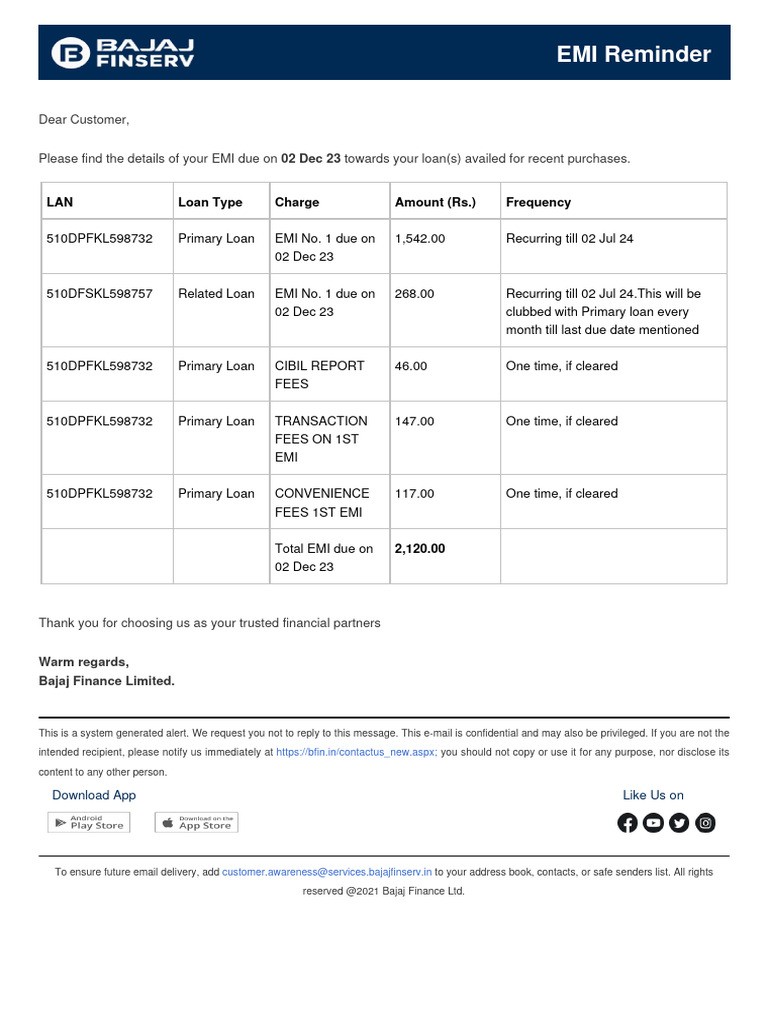 Bajaj Finance EMI Due Reminder | PDF | Service Industries
