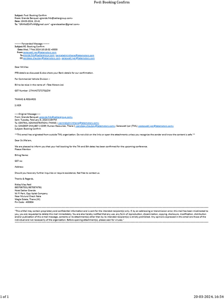 Confirmation From Tata Motors | PDF | Internet | Computer Mediated ...