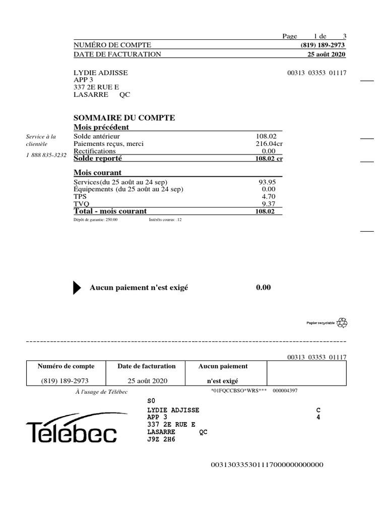 Facture Télébec - Août 2020 | PDF | Télécommunications | Paiements