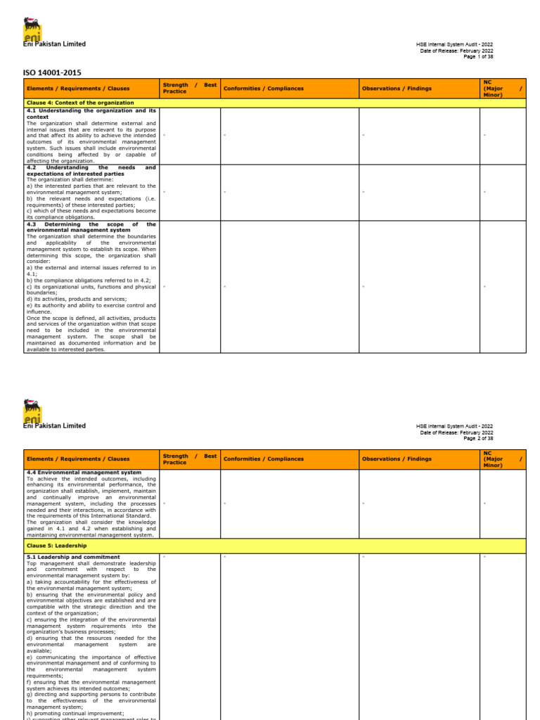 HSE Internal System Audit Checklist 2022 | PDF | Audit | Regulatory ...