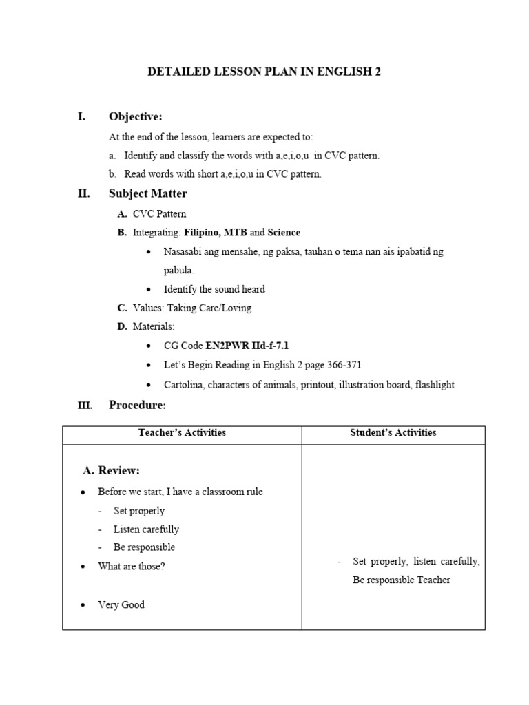 CVC Pattern Lesson Plan for English 2 | PDF | Consonant | Pet