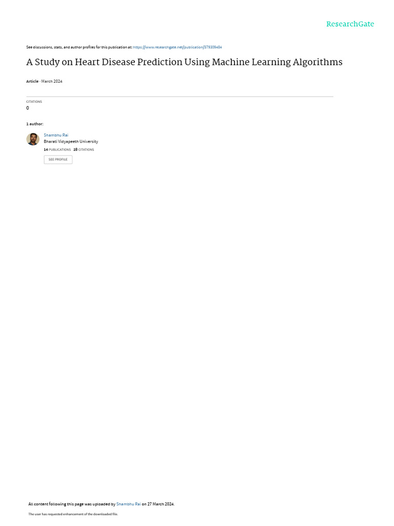 A Study On Heart Disease Prediction Using Machine Learning Algorithms | PDF | Machine Learning ...