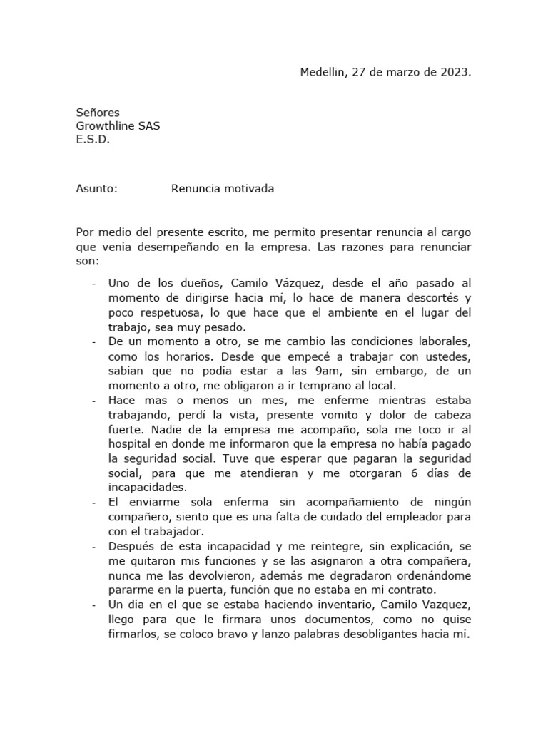 Carta Renuncia Daniela Munera | PDF