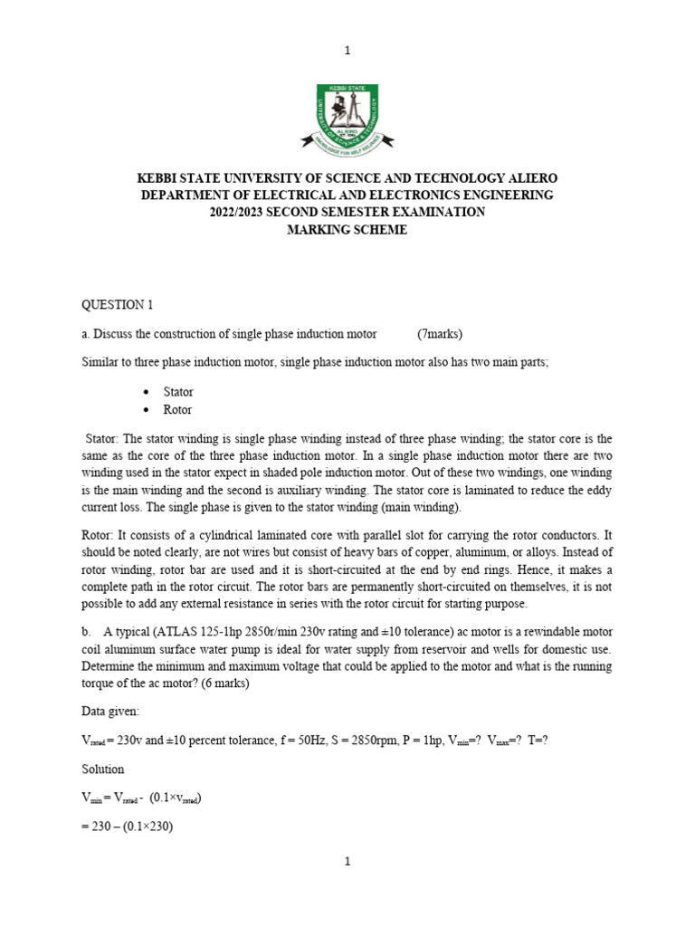 EEE 321 Marking Scheme | PDF | Electric Motor | Electrical Components