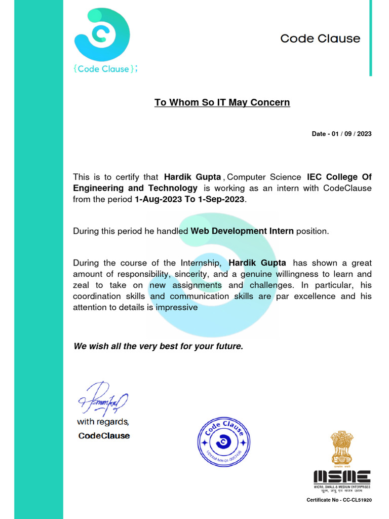 CodeClause Internship Completion Letter | PDF
