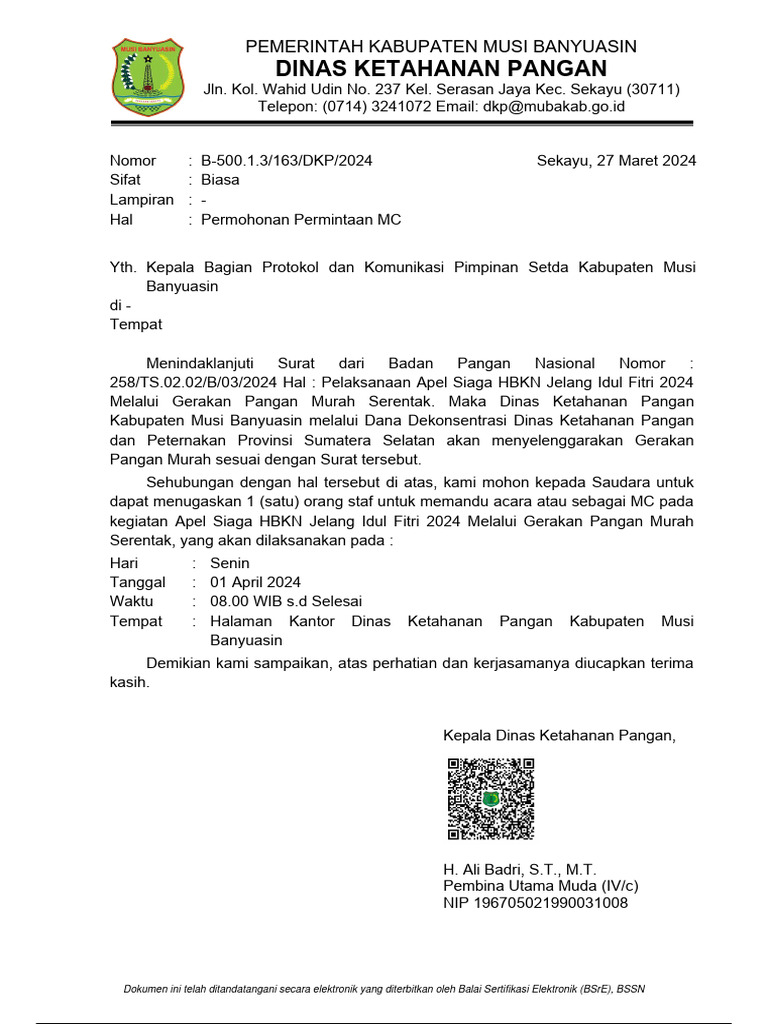 Permohonan MC untuk Apel Siaga HBKN 2024 | PDF