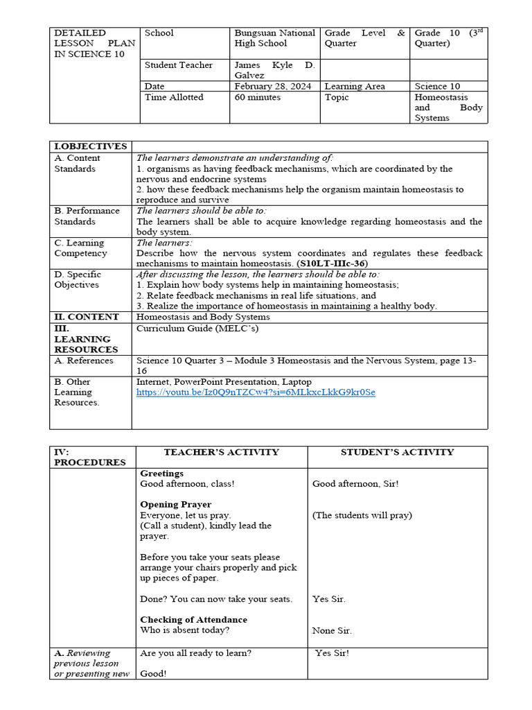 Homeostasis in Body Systems Lesson Plan | PDF | Human Body | Hormone