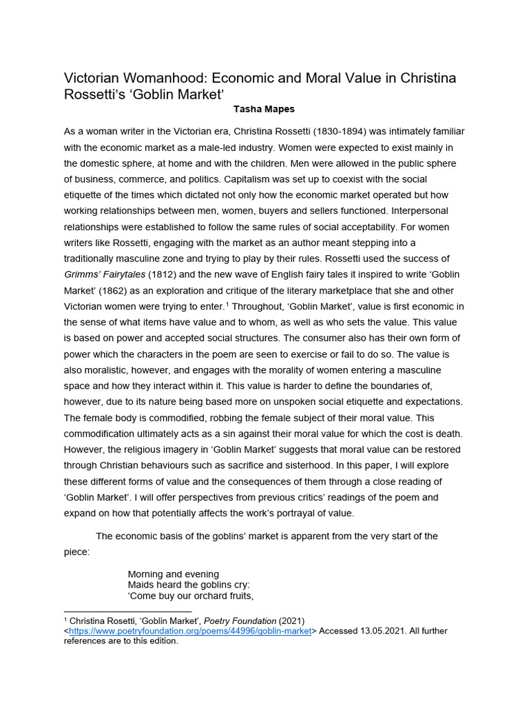 Victorian Womanhood Economic and Moral Value in Christina Rossettis ...