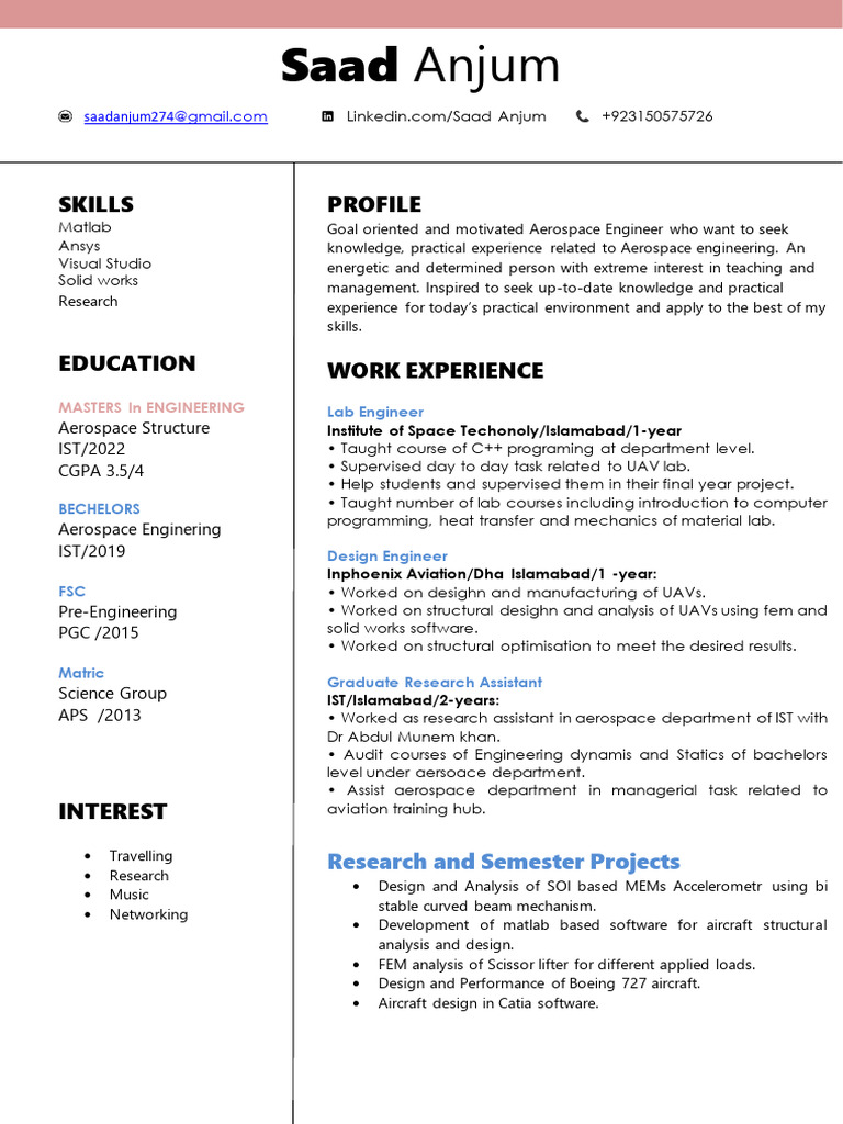 Saad Anjum CV - Saad Anjum | PDF | Aerospace Engineering | Engineering