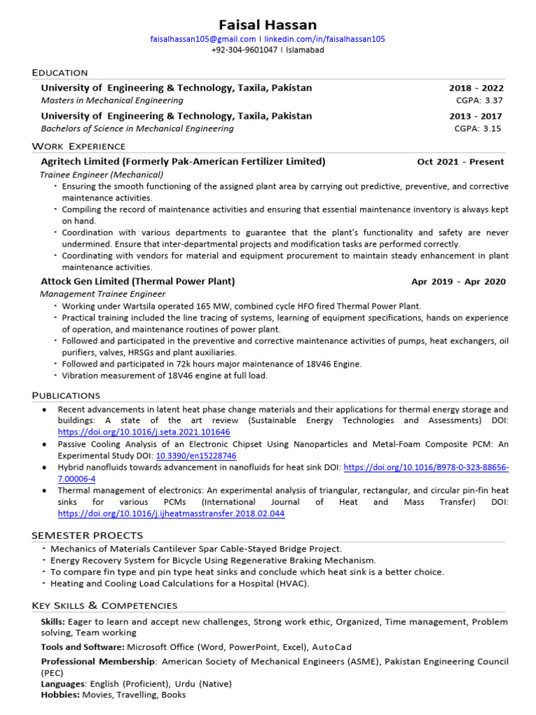 Resume - Faisal - Faisal Hassan | PDF | Power Station | Heat