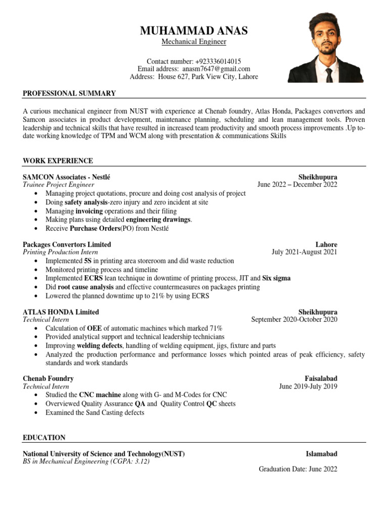 Muhammad Anas Resume - Muhammad Anas | PDF | Sheet Metal | Lean Manufacturing