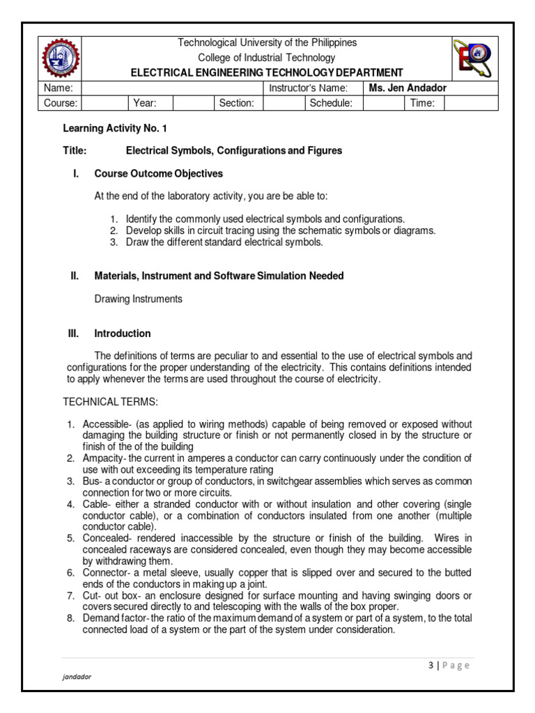 Learning Activity No 1 - Electrical Symbols | PDF | Electrical Wiring ...