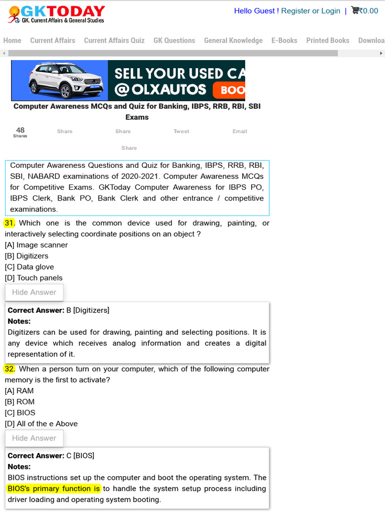 Computer Awareness Mcqs and Quiz For Banking, Ibps, RRB, Rbi, Sbi Exams | PDF | Computer Data ...