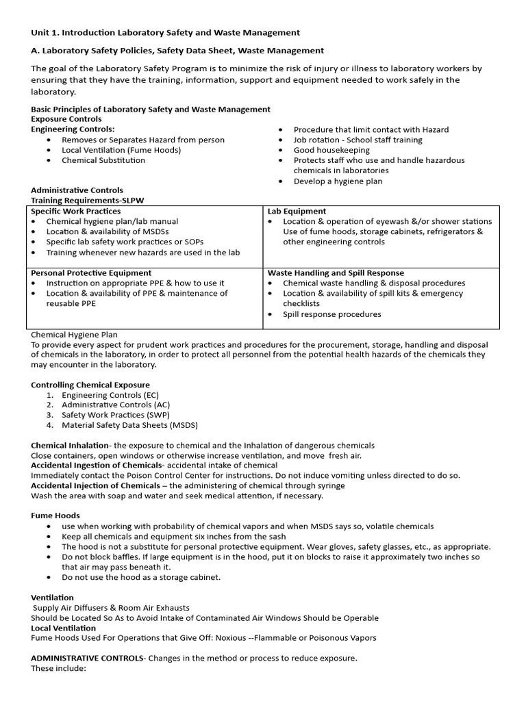 Unit 1. Introduction Laboratory Safety and Waste Management A ...