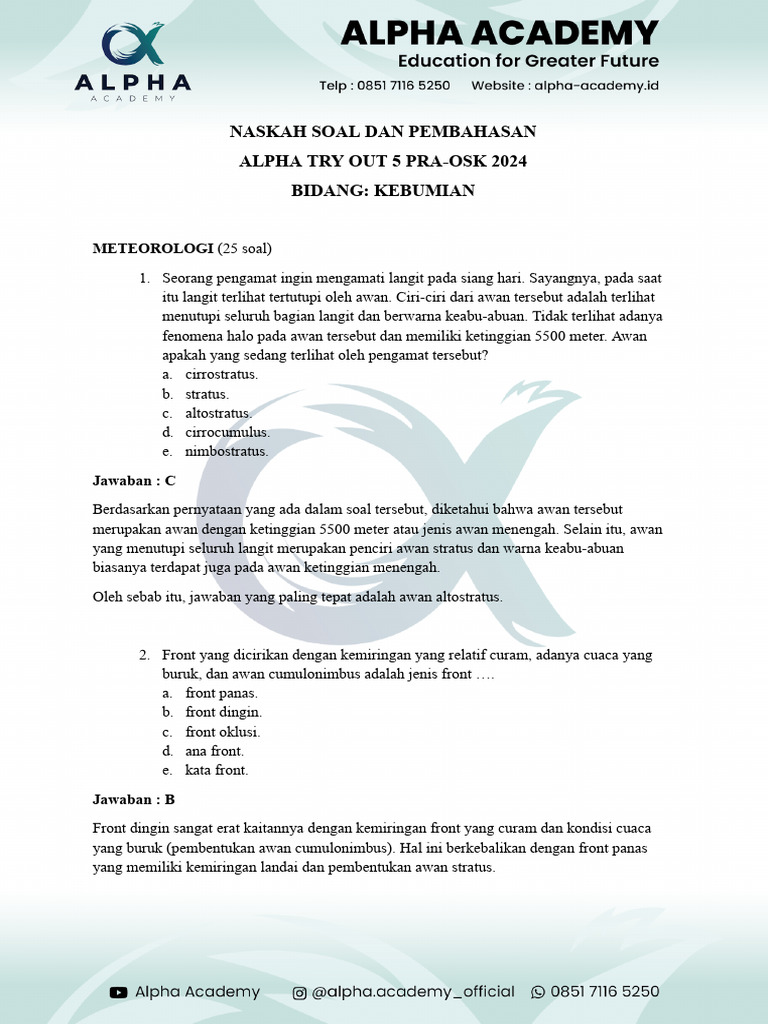 Soal Dan Pembahasan To 5 Osn K Alpha Academy 2024 Kebumian Pdf