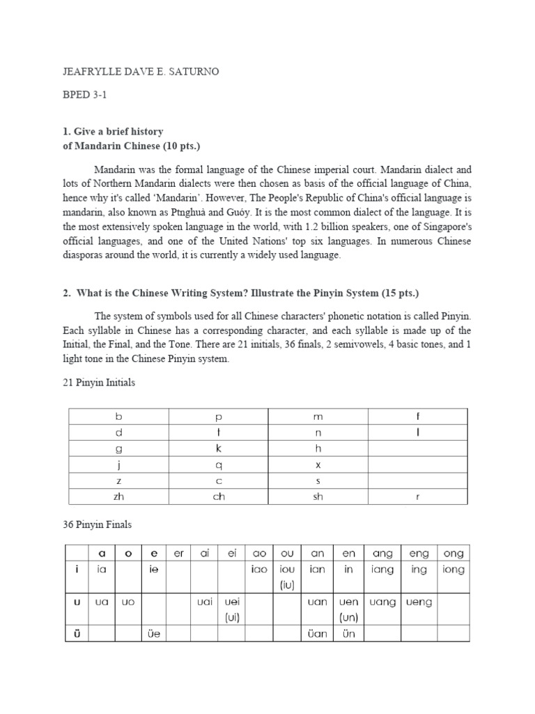 Saturno, Jeafrylle Dave E. - Bped 3-1 - FL3 - Assignment 1 | PDF | Mandarin Chinese | Pinyin