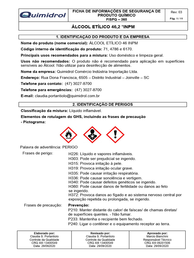 Segurança do Álcool Etílico: FISPQ | PDF | Etanol