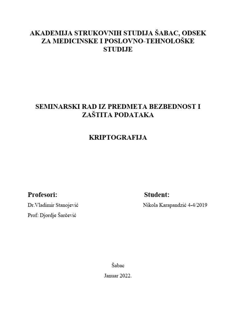 Kriptografija - Seminarski Rad 2022 | PDF