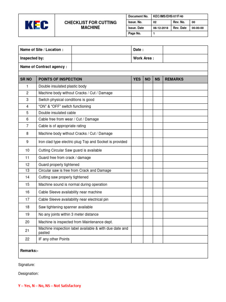 Checklist For Cutting Machine | PDF