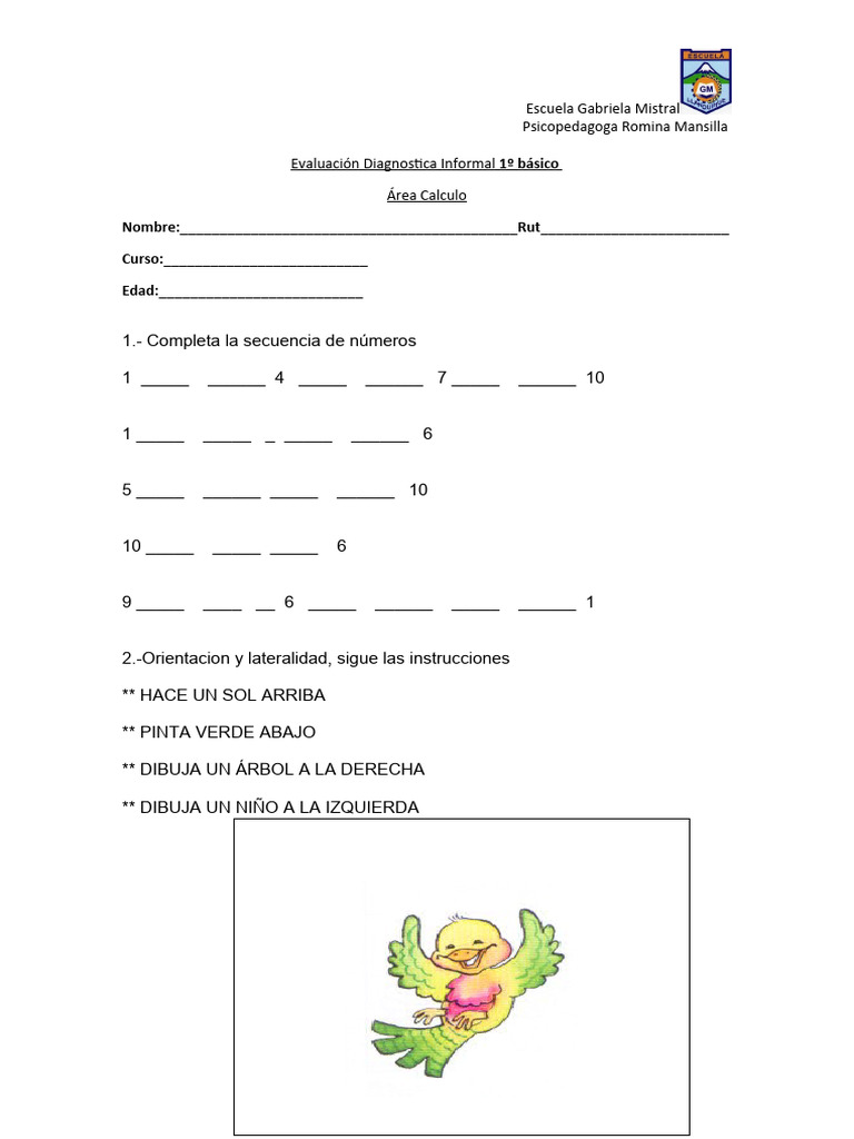 Prueba de Diagnostico de Educacion Matematica Primero Basico | PDF