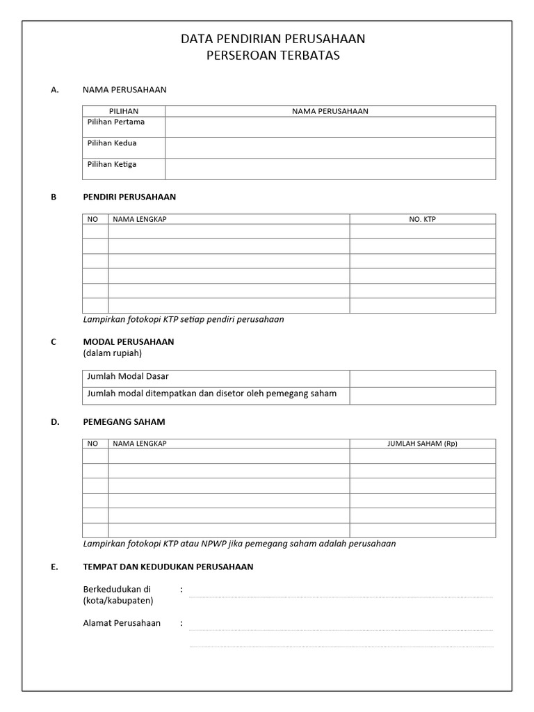 Formulir Data Pendirian PT | PDF