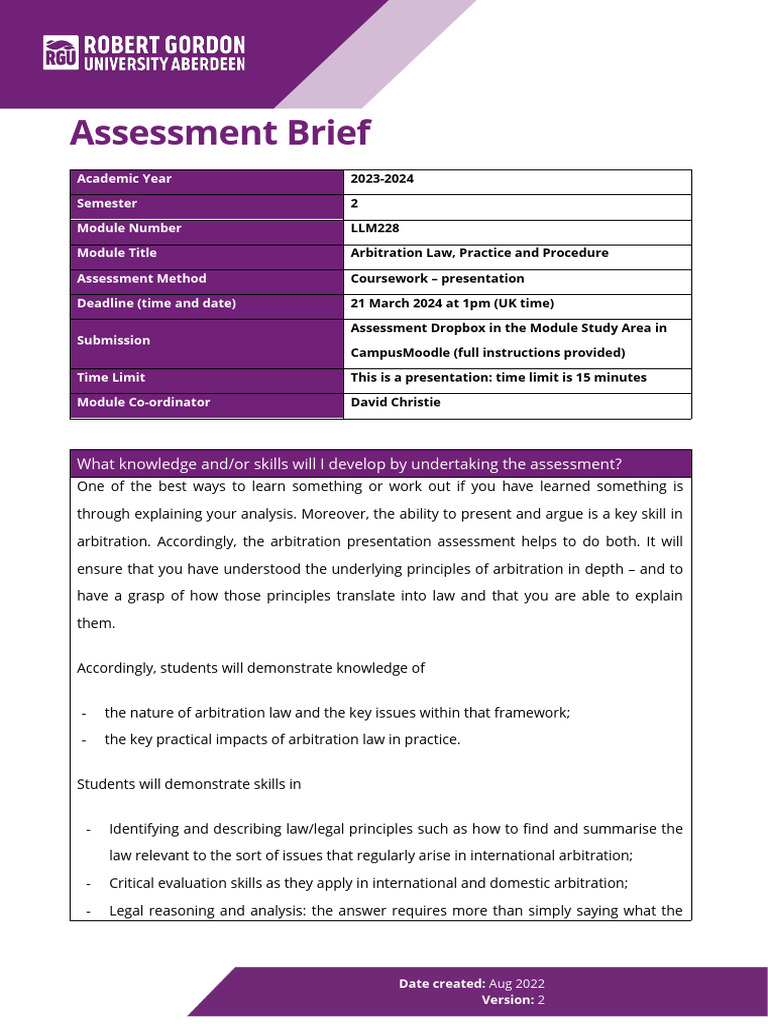 Assessment Brief - Presentation LLM228 - 2023 - 24 (Revised Version) | PDF | Arbitration ...