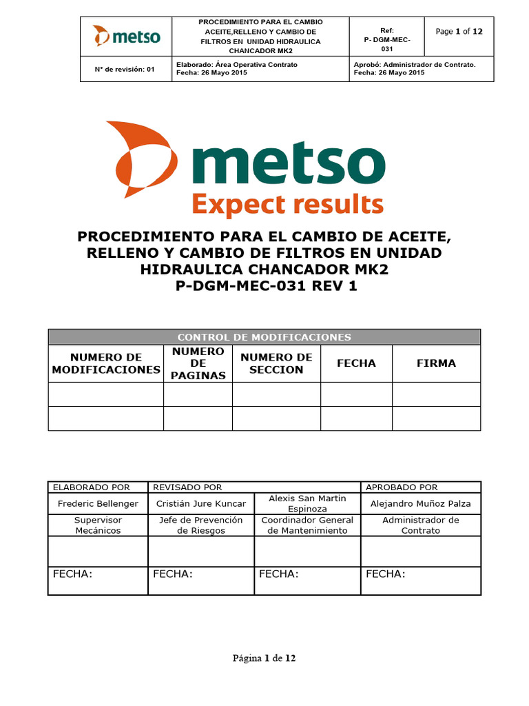 P-Dgm-Mec-031 Proc Cambio Aceite Unidad Hidrã¡ulica Chancador mk2 Rev 1 | PDF | Regulación