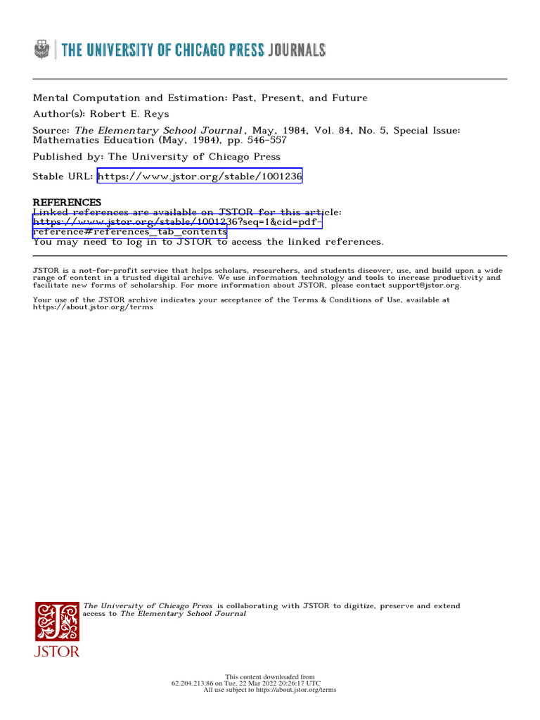 Mental Computation And Estimation Past Present And Future Robert Reys Pdf Algorithms 9950